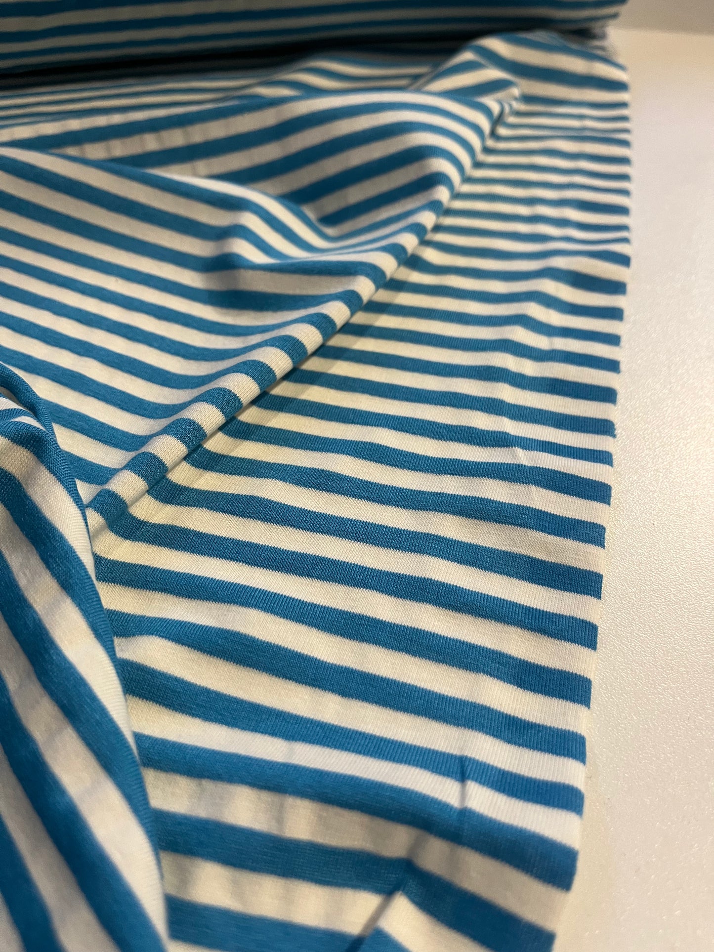 BASILE 049 viscose jersey stripes petrol/white – Wasted Fabrics