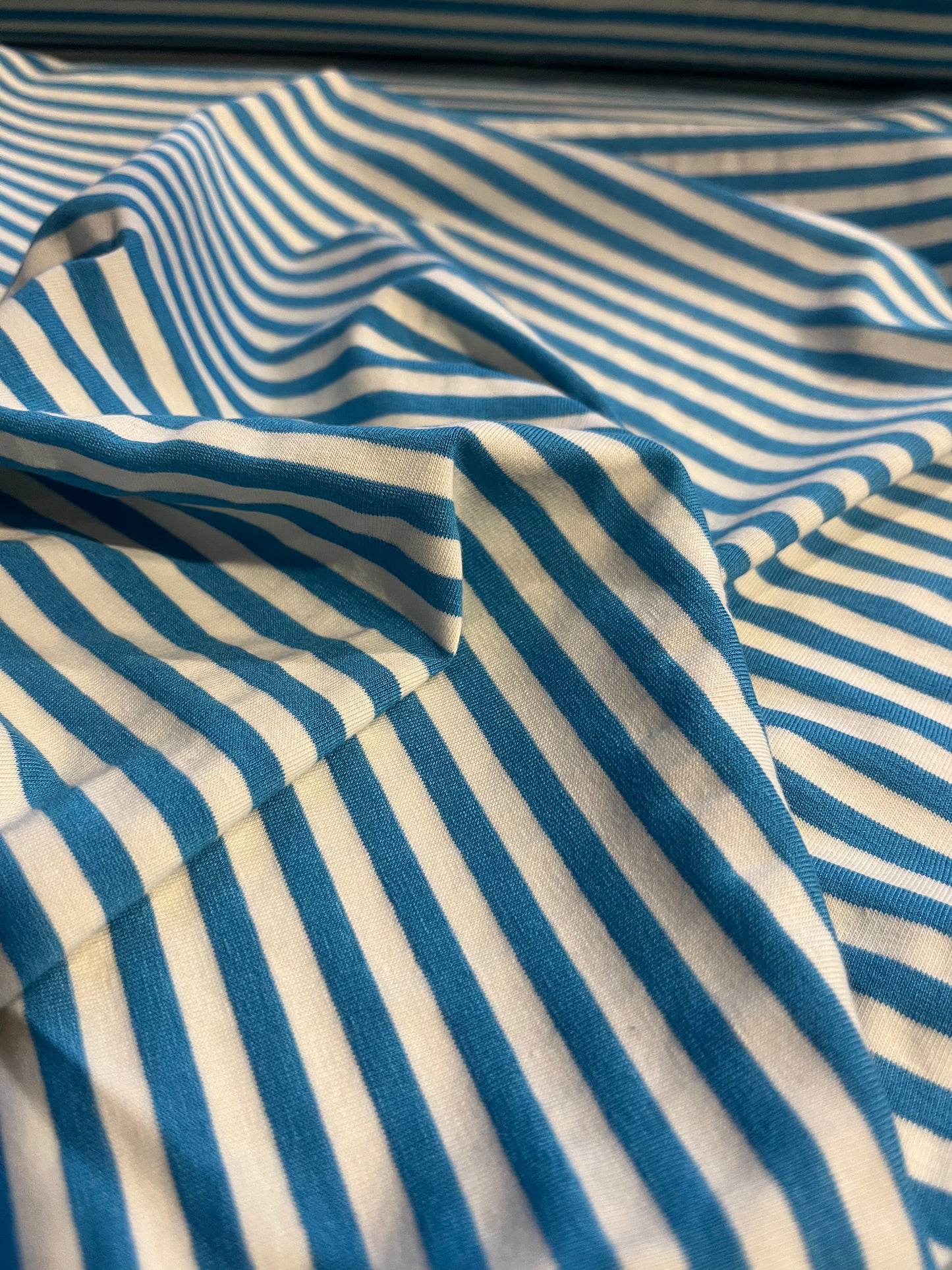 BASILE 049 viscose jersey stripes petrol/white – Wasted Fabrics
